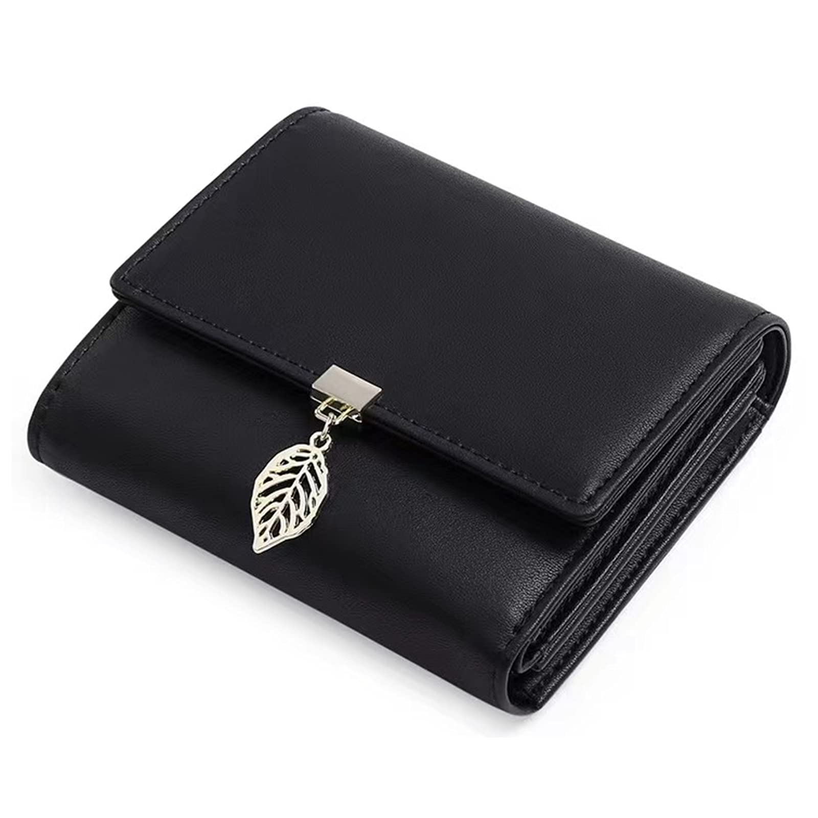 Wallet for Women RFID Blocking Credit Card Holder Phone Checkbook Storage Bag Zipper Coin Purse Leaf Pendant (Black, Small), Sd168