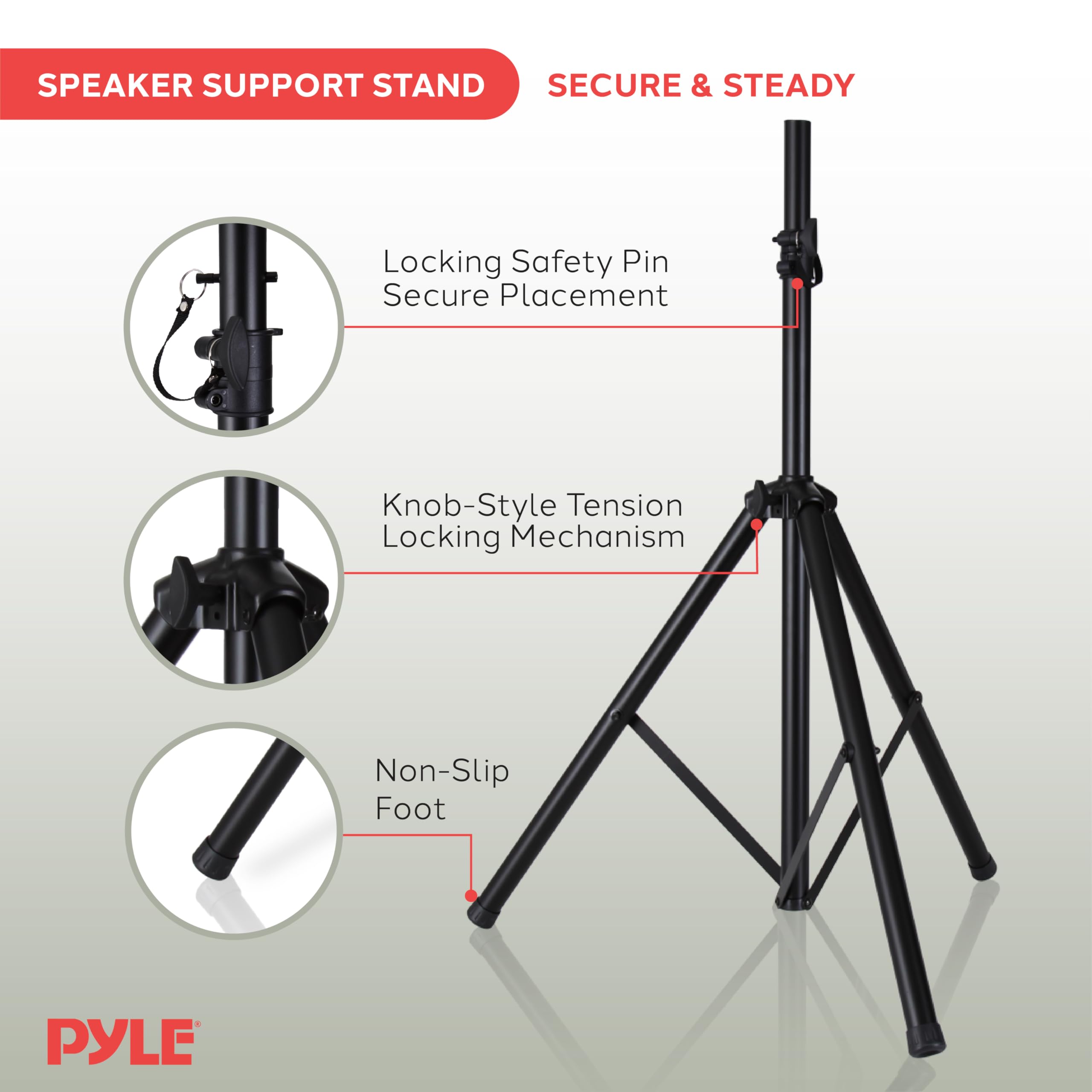 Pyle Universal Speaker Stand Mount Holder Heavy Duty Tripod w/ Adjustable Height from 40β to 71β and 35mm Compatible Insert Easy Mobility Safety Pin and Knob Tension Locking for Stability, Black