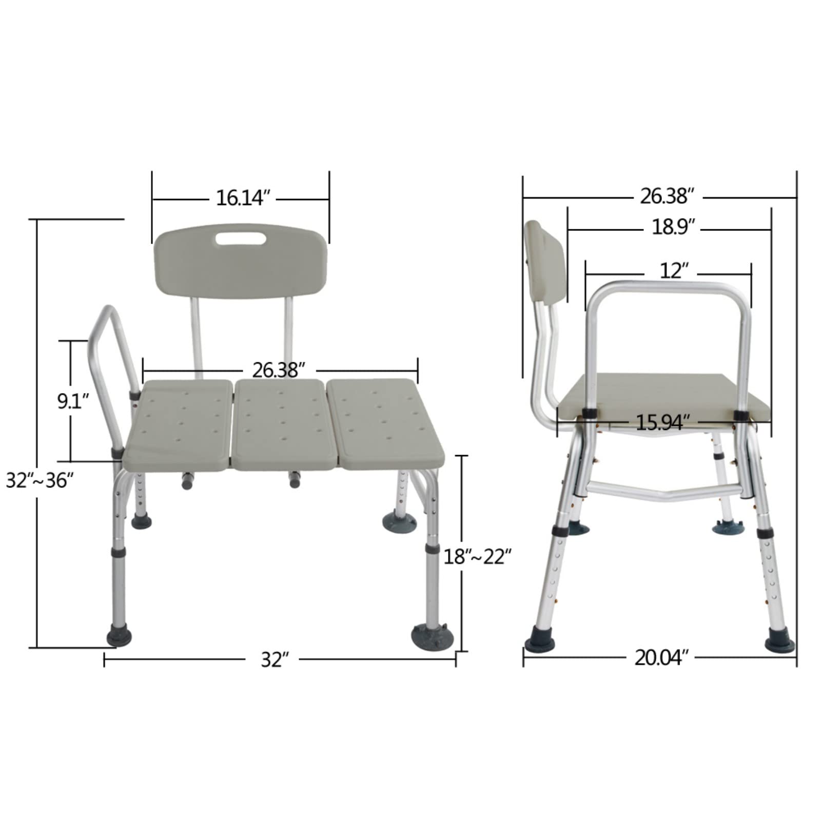 Winado Tub Transfer Bench for Bathtub with Backrest & Armrest, Supports up to 330 lbs Aluminium Alloy Bath Chair, Gray