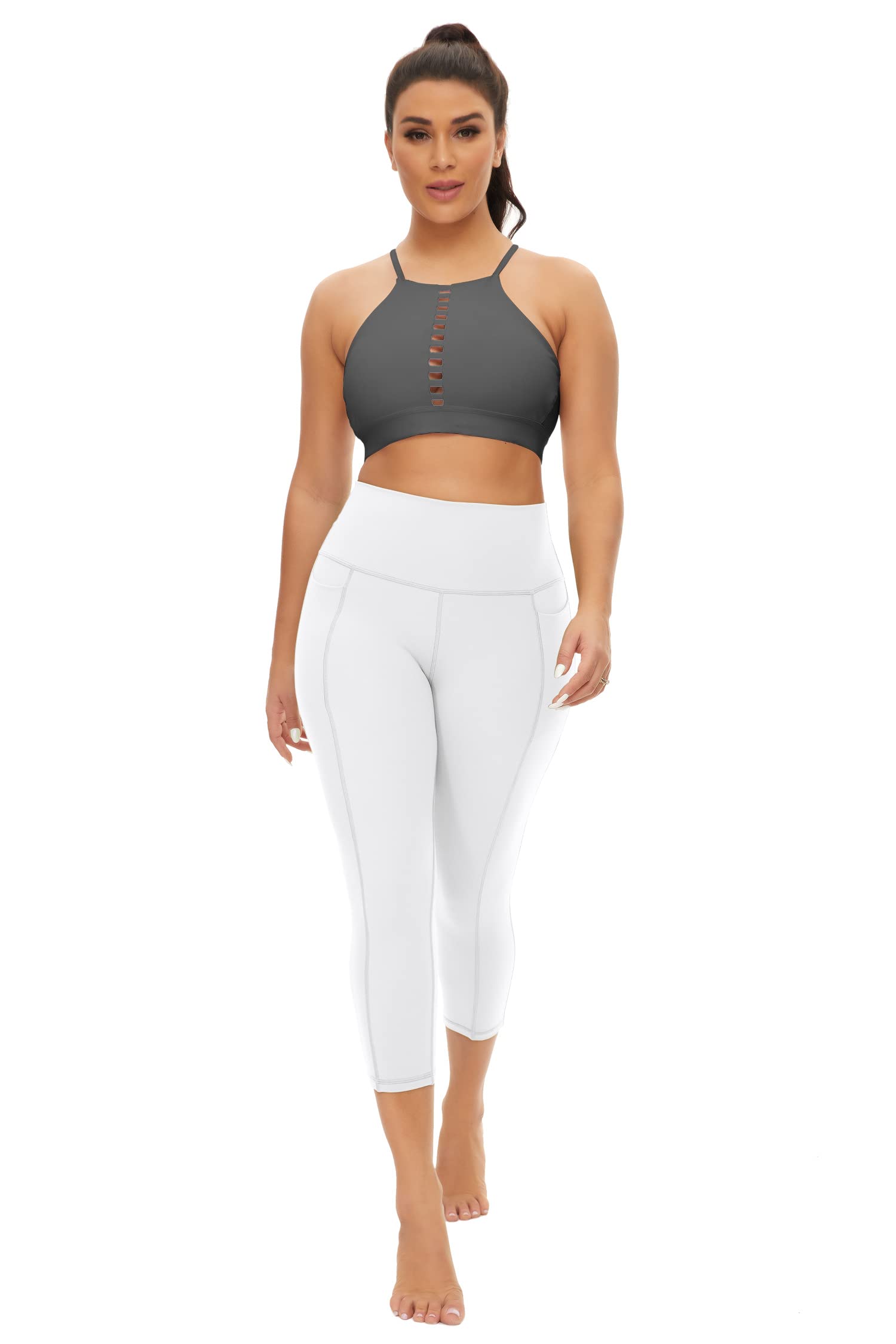 VALLFAL Capris for Women Yoga Workout Running Gym Capris Leggings with Pockets High Waist White