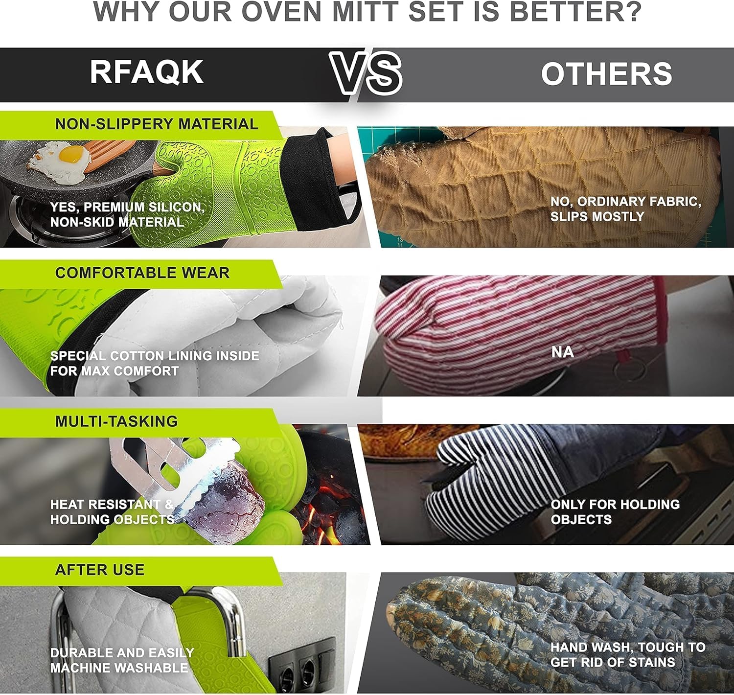 RFAQK Oven Mitts and Pot Holders Sets- Extra Long Silicone Oven Mitts, Oven Mitts Heat Resistant with Quilted Soft Liner and Mini Oven Mittens Sets for Kitchen, Baking, Grill and BBQ-Green (Pack of 6)