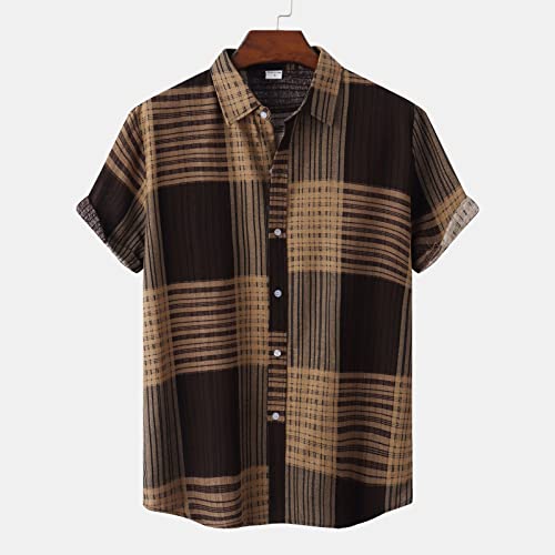 YYQXIiyty Men's Slim-Fit Blouses V-Neck Casual Formal Beach Dress Shirts Short Sleeve Button Down Open Front Shirts Brown