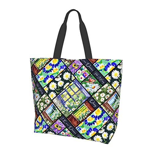 ZFYXGS Daisy Window Bees Butterfly Large Tote Bag For Women Soft Handbag School Shoulder Bag With Built In Pocket