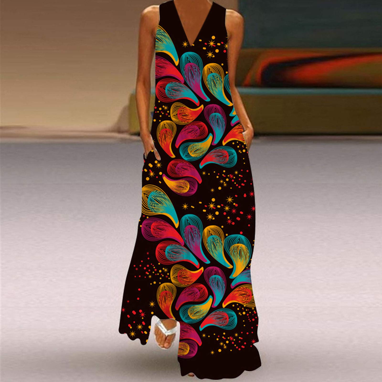 Women's Graphical Long Dress Sleeveless Floral Printing Maxi Dress Summer V Neck Party Dress Multicolor