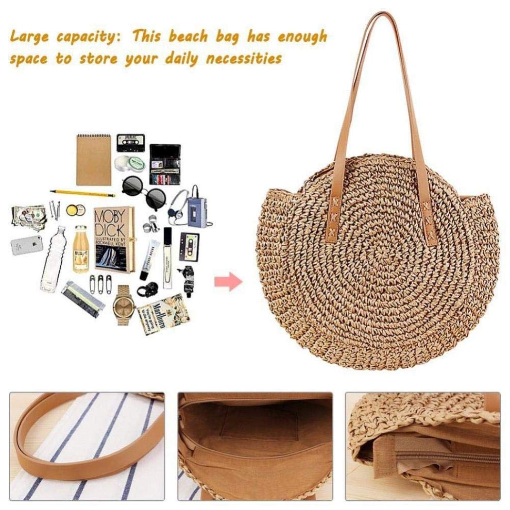Straw Bag Women Handwoven Round Straw Handbag Natural Chic Large Summer Beach Tote Woven Handle Shoulder Bag (Khaki)