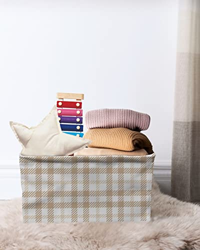 Storage Organizer Bins Set of 1 Storage Baskets for Clothes on Shelves With Handles Autumn Farmhouse Light Brown Gingham Buffalo Check Plaid Rectangular Fabric Laundry Baskets for Organizing