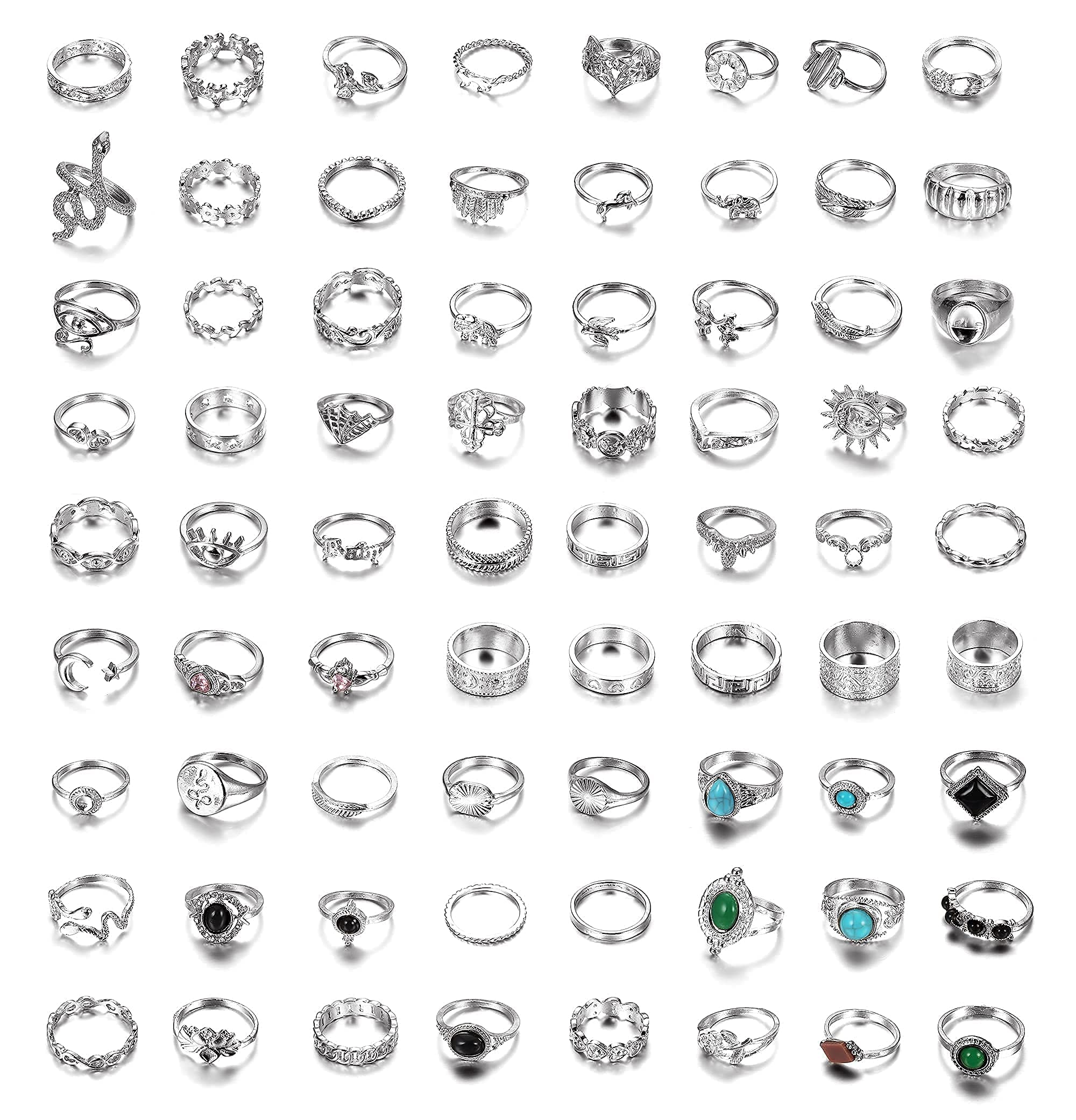 Ubjuliwa 72pcs Silver Rings for Women Vintage Knuckle Rings Grunge Rings Aesthetic Stackable Rings Boho Silver Ring Set