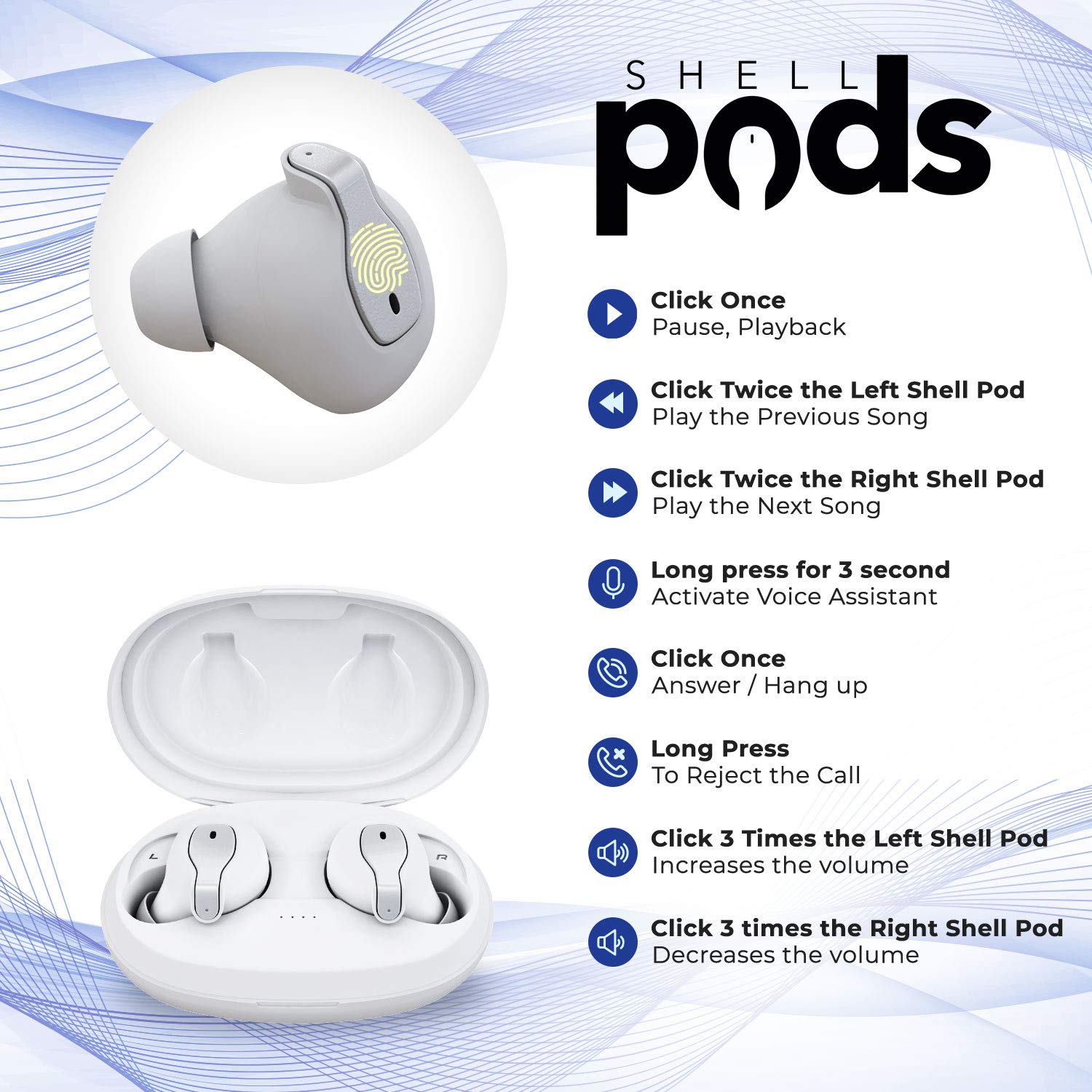 ShellPods Wireless Earbuds with Wire Charging Case- Ergonomically Designed Wireless Earbuds with Microphone - Workout Earbuds with Intelligent Noise Reduction - Magnetic Charging Bluetooth Earphones
