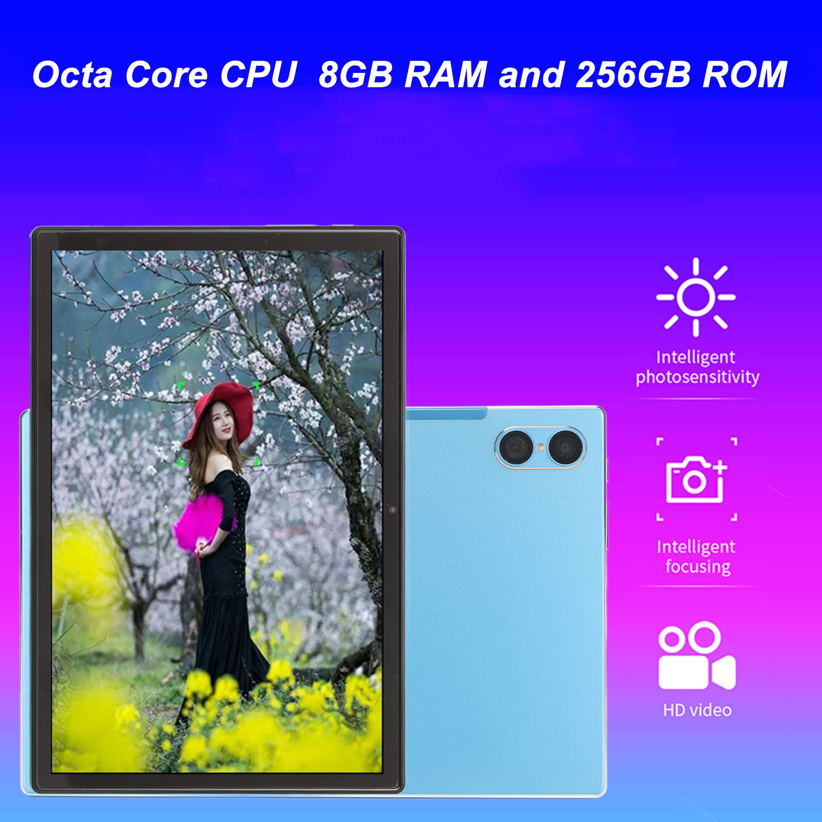 Tablet 10 inch, 4G Phone Tablet 2.4G 5G Dual Band WiFi Android Tablet, MT6797 Octa Core CPU, 8GB RAM 256GB ROM, 7000mAh Battery, 2 Card Slot, Blue