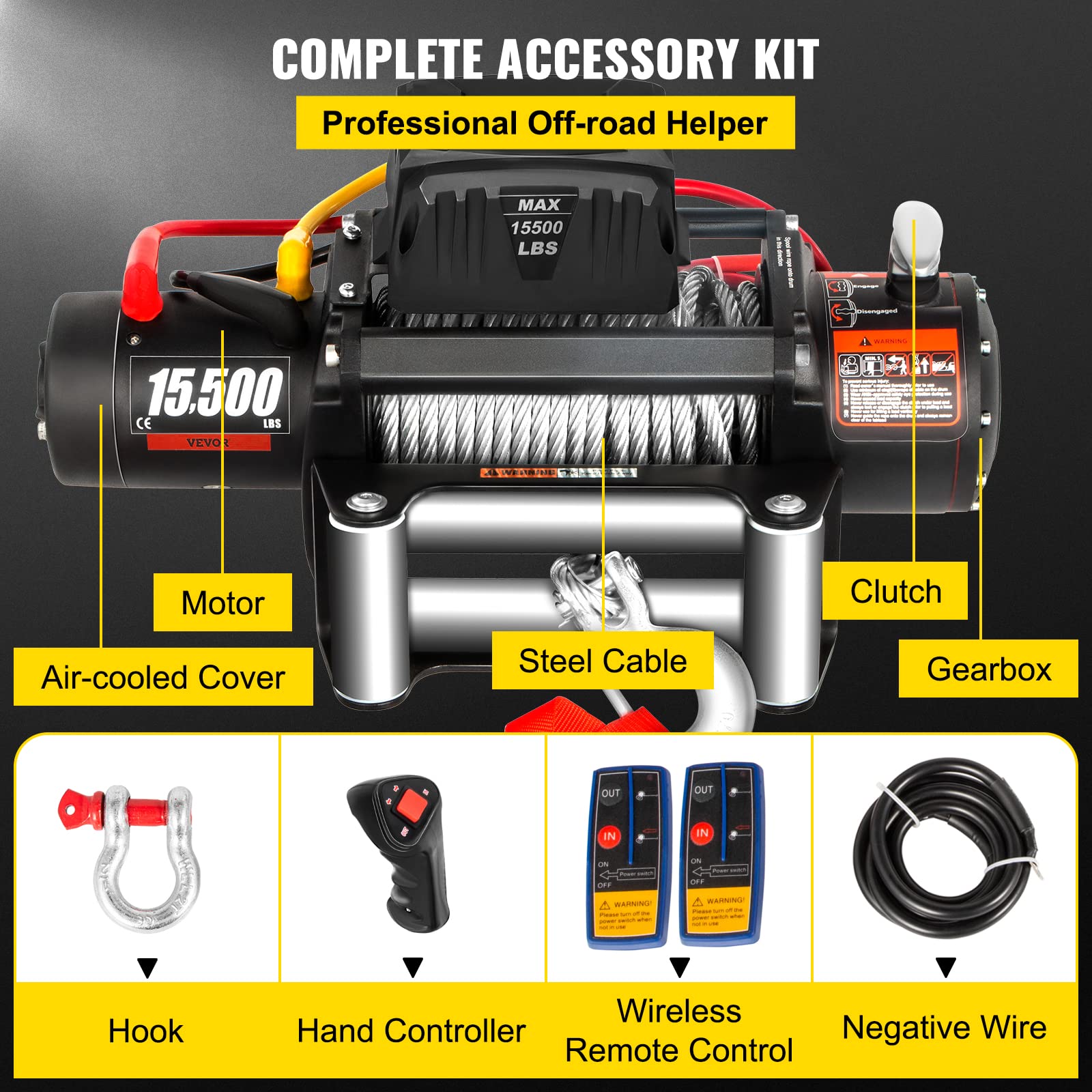 VEVOR Truck Winch 15500lb Load Capacity Cable Steel with Wireless Remote Control 12V Waterproof IP67