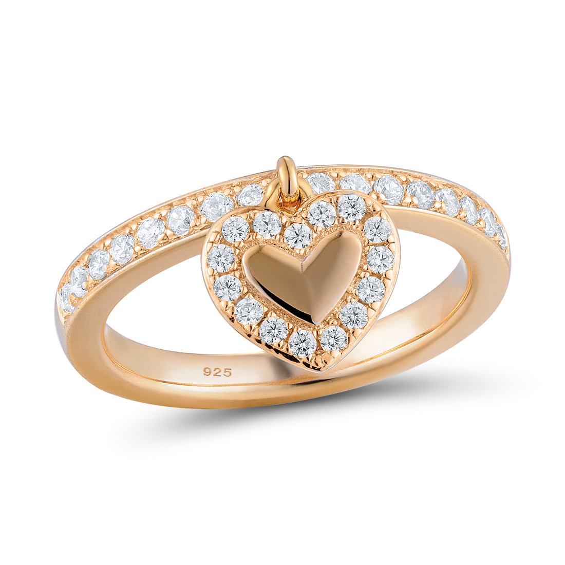 Santuzza 925 Sterling Silver Dangle Heart Ring White Cubic Zirconia Jewelry for Women (6, Rose Gold Plated)