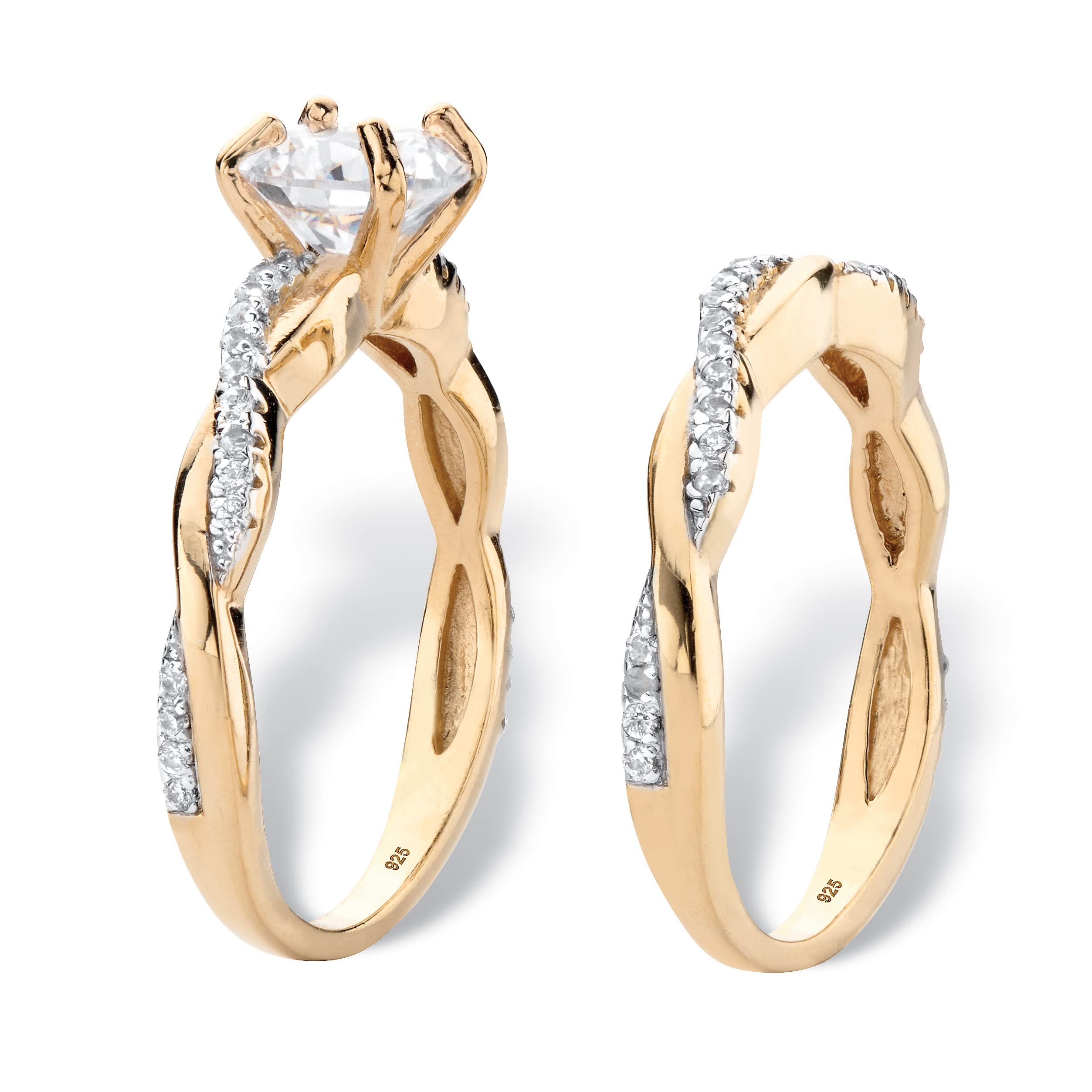 PalmBeach Yellow Gold-Plated or Sterling Silver Round Cubic Zirconia Twisted Vine Bridal Ring Set Size 7