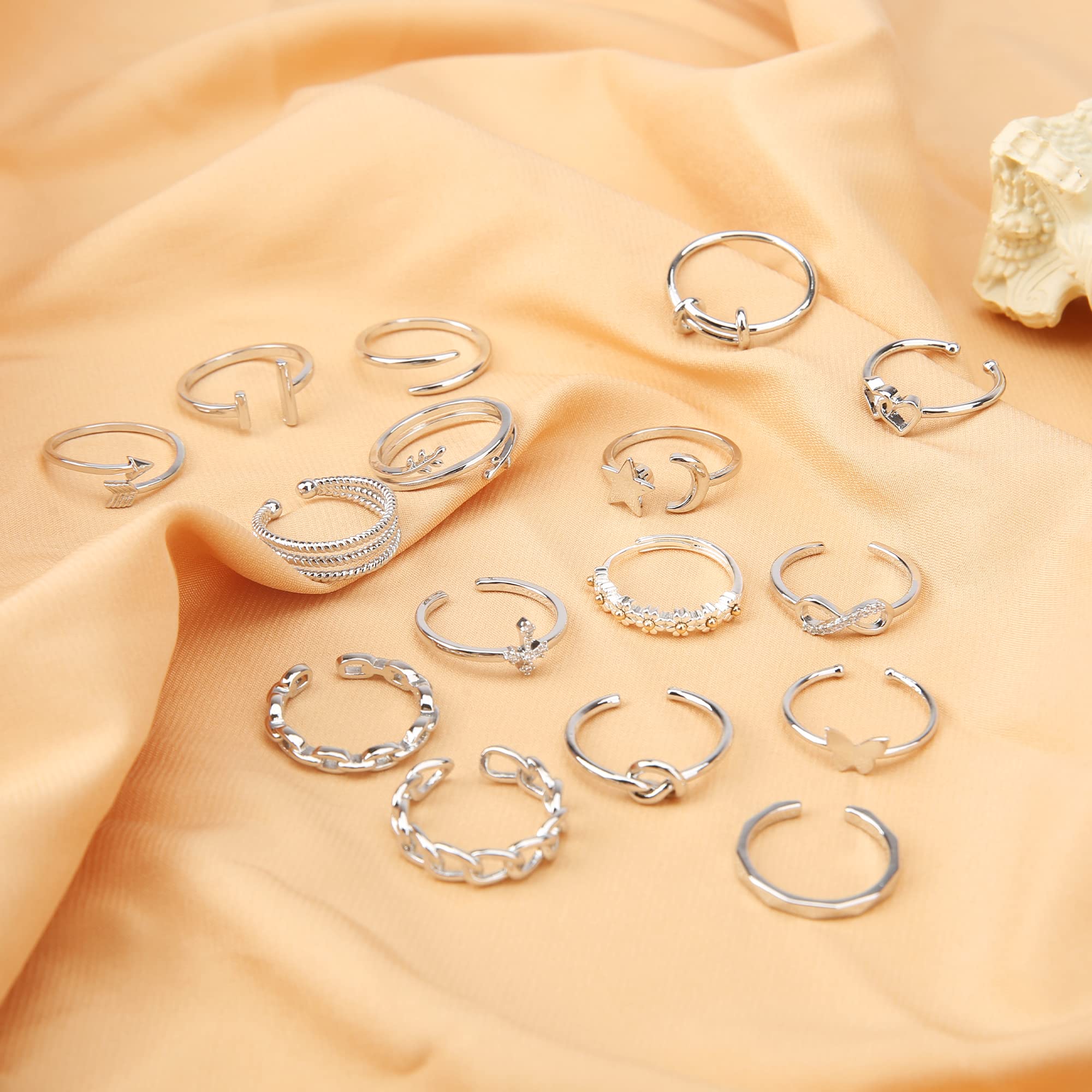 Staligue 16pcs Adjustable Rings for Women Simple Stackable Knuckle Rings Set Trendy Finger Stacking Open Rings Flower Cross Chain Butterfly Heart Thumb Knuckle Adjustable Rings Set
