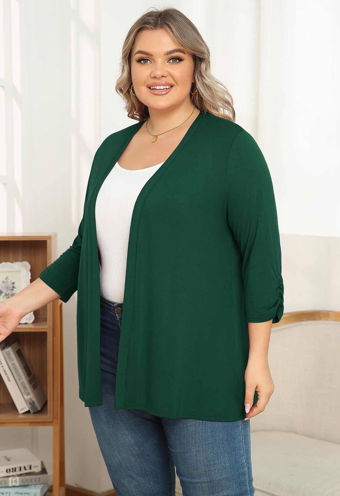 POSESHE Women's Plus Size Casual Lightweight Open Front Cardigans Soft Draped 3/4 Sleeve Cardigan Dark Green 4X-Large