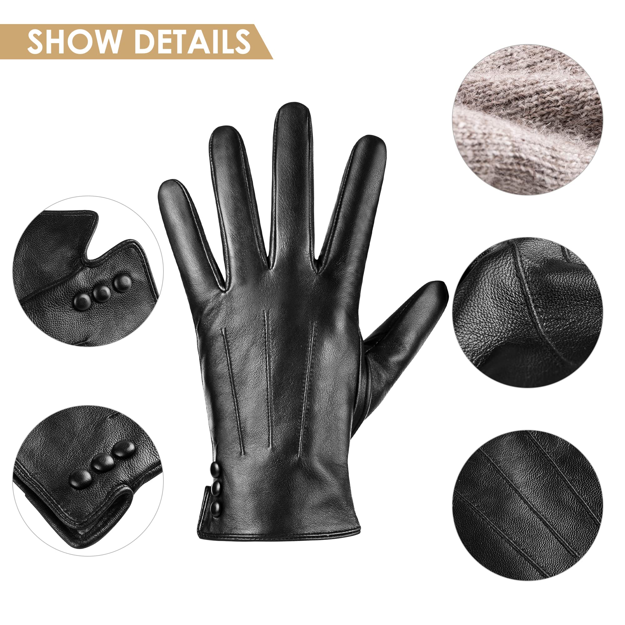 YMYLGDDW Leather Gloves for Men Winter Gloves Genuine Sheepskin Gloves Warm Wool Lining Driving Touch Screen Gloves