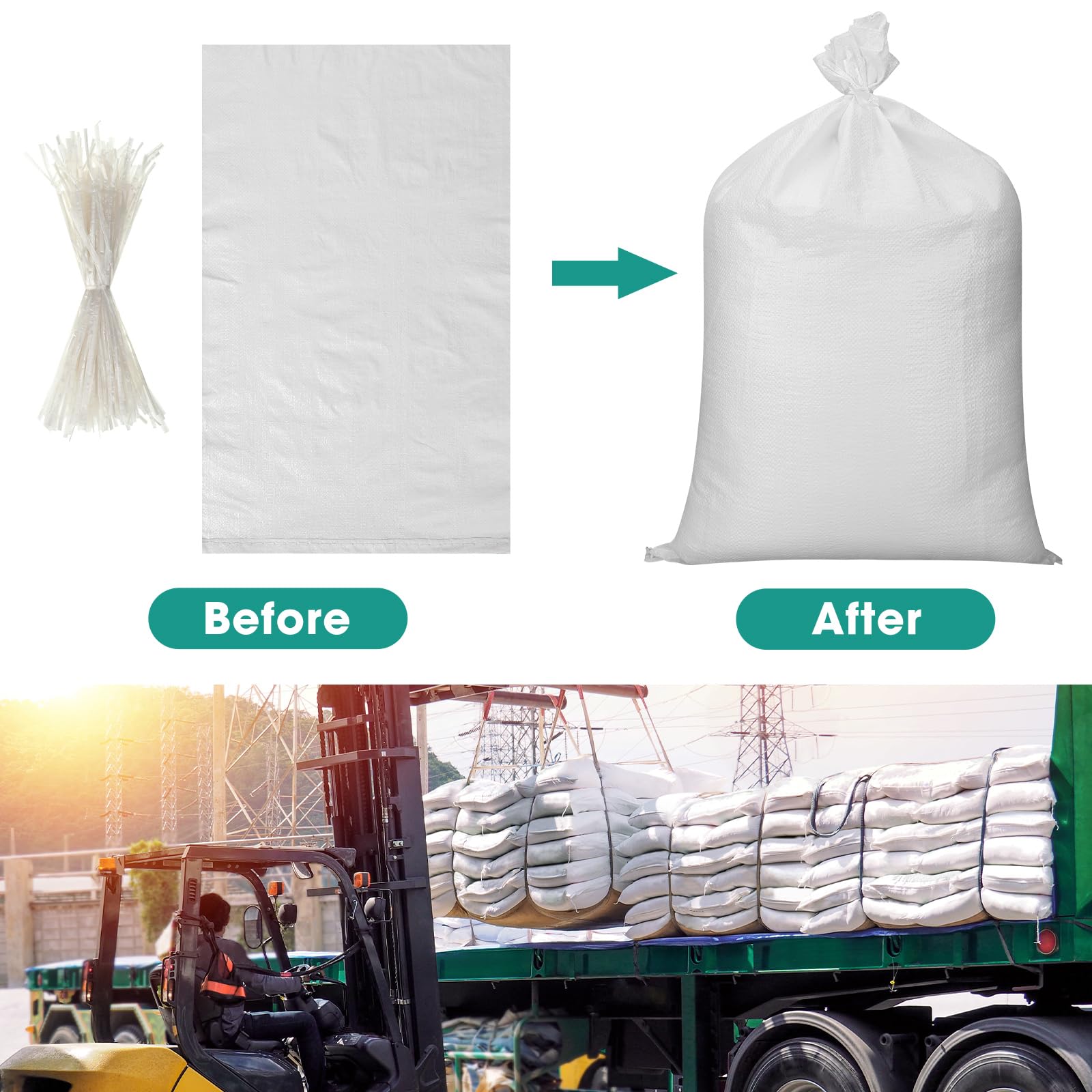 Windyun 200 Pcs White Empty Sandbags with Ties 18 x 30 Inch White Woven Polypropylene Sandbags Bulk, Heavy Duty Sandbags Flood Water Barrier for Hurricane Flooding, Construction