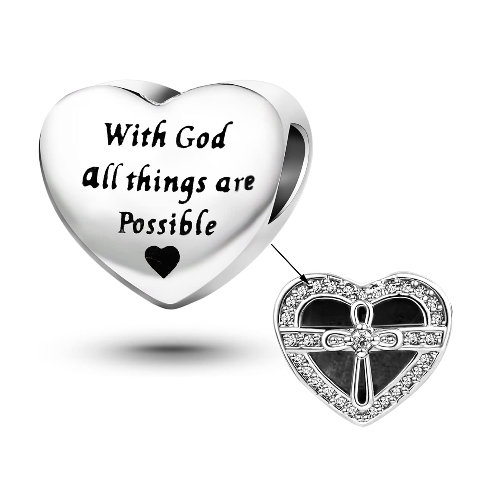 TGLS Cross Religious With God All Things are Possible Heart Bible Quotes Charms Crystal Bead Compatible with Pandora Charms Bracelets