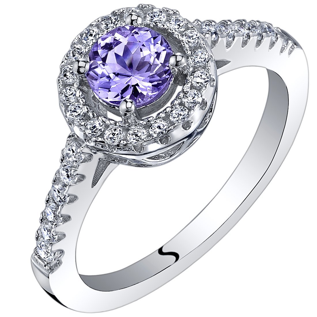 PEORA Genuine Tanzanite Ring for Women 925 Sterling Silver, Gemstone Halo Solitaire, 0.50 Carat Round Shape 5mm, Size 7