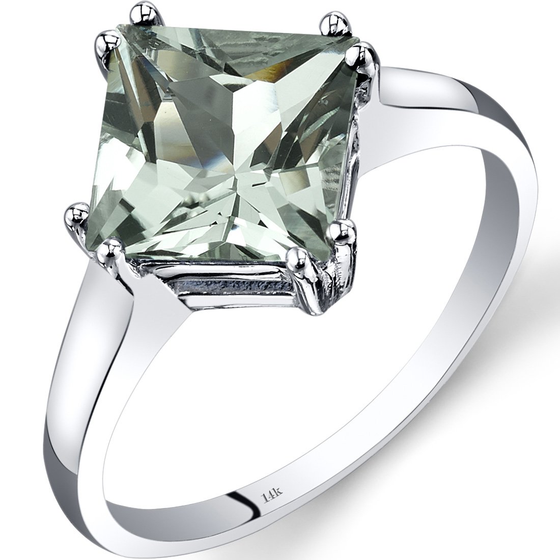 PEORA Green Amethyst Solitaire Ring for Women 14K White Gold, Natural Gemstone Birthstone, 2 Carats Princess Cut 8mm, Size 7