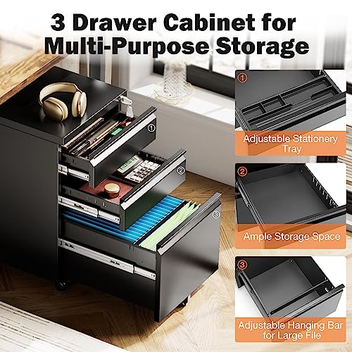 Sweetcrispy File Cabinet - 3 Drawer File Cabinet with Lock, Mobile Rolling File Cabinet, Under Desk File Cabinet with Pre-Assembled, Metal Small File Cabinet for Home Office