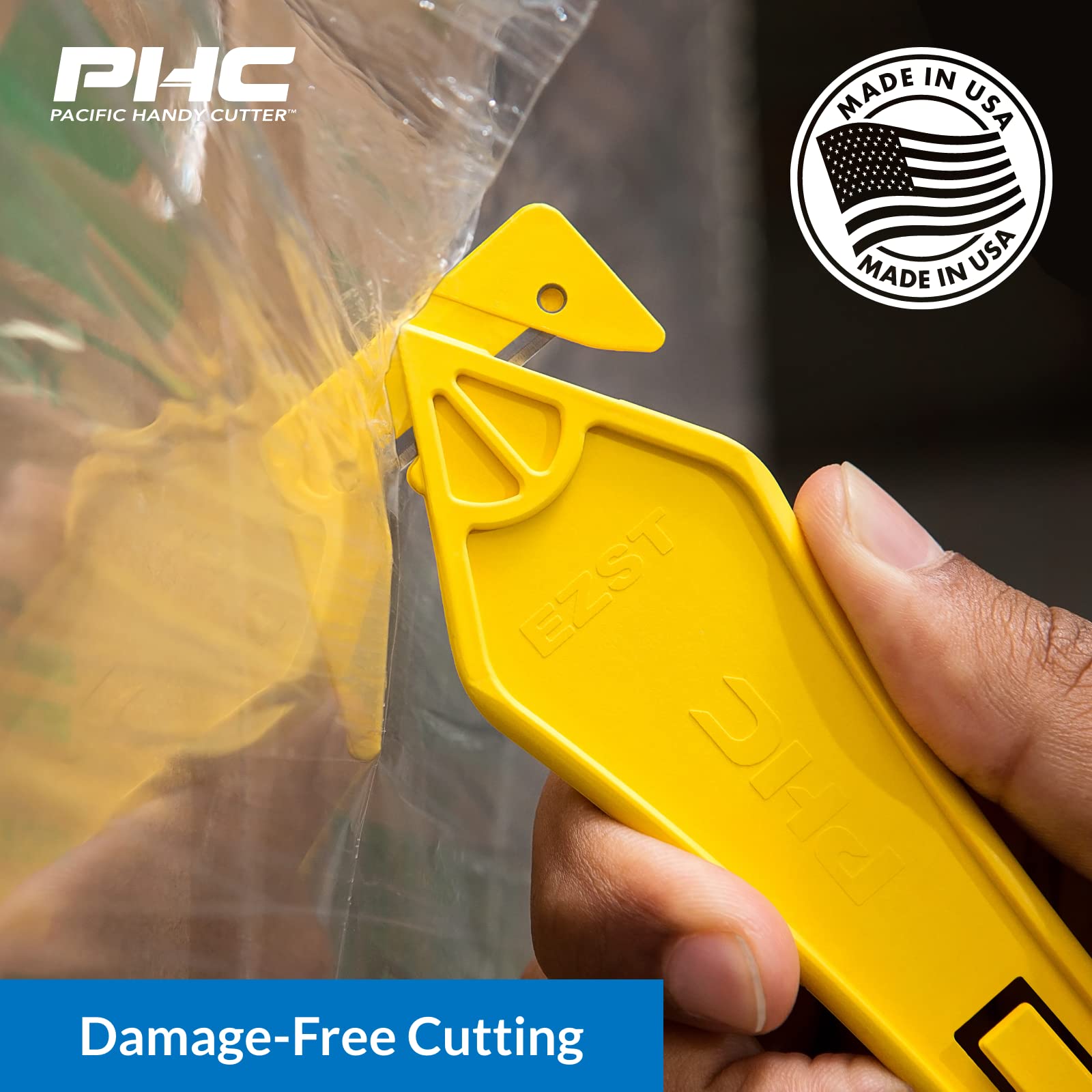 Pacific Handy Cutter EZST Two Sided Concealed Safety Cutter with Bladeless Plastic Tape Splitter, Safe and Efficient Cutting for Stretch Wrap, Cardboard, Tape, Zip Ties, Plastic Straps, and more