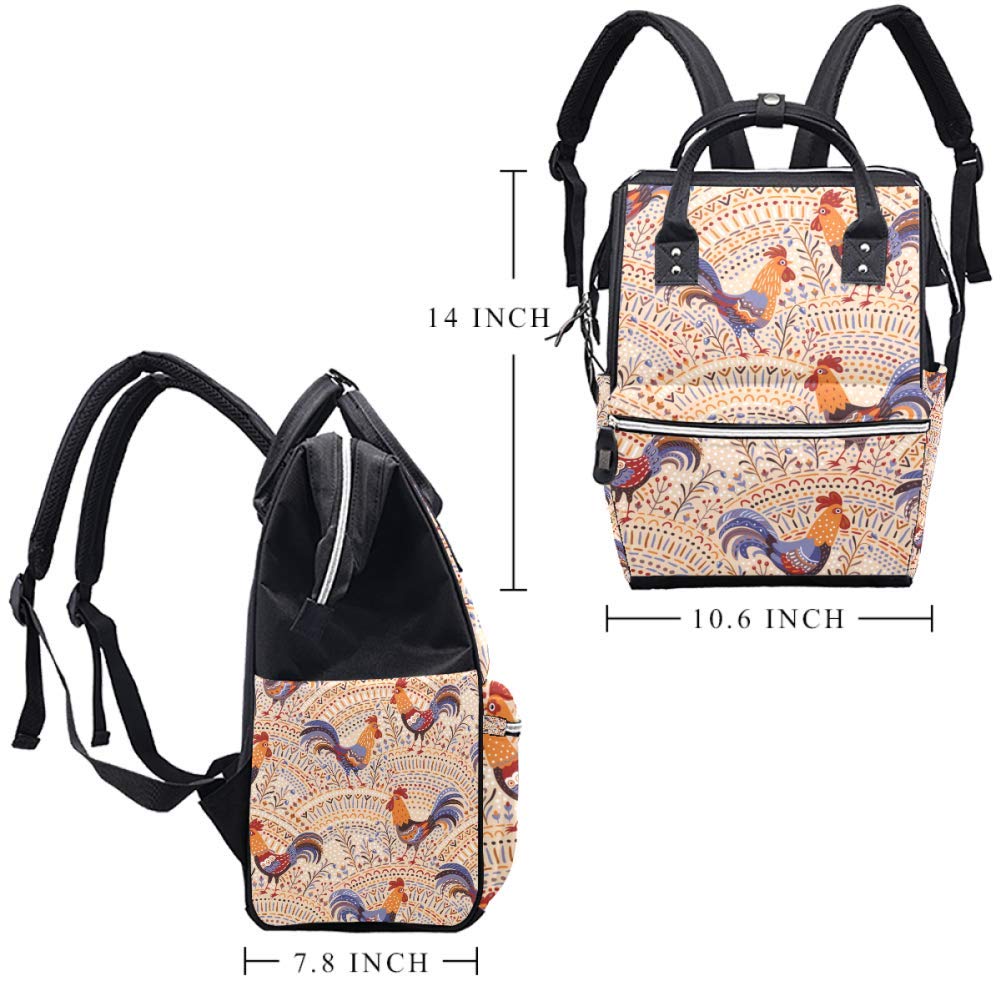 Shiiny Cute Roosters Chickens in Beige Floral Ornament Diaper Bag Backpack for Baby Care, Multi Function Waterproof and Cooler Tote Travel Backpack (Nappy Bag, Tissue Pocket)