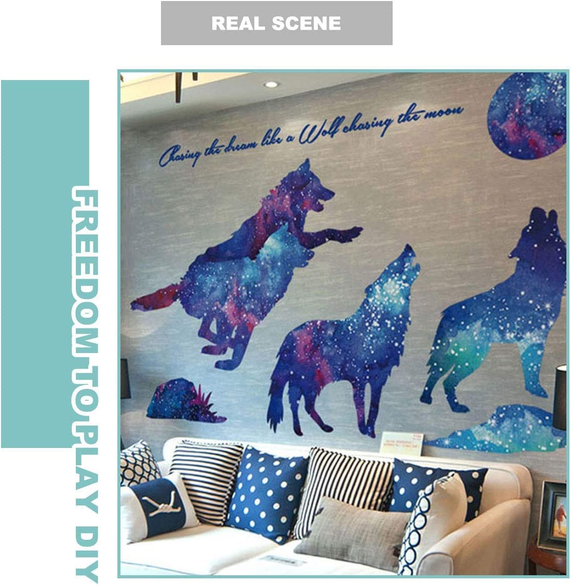 Starry Sky Galaxy Wolf Room Decor Wall Decal and Glow Moon Star Stickers RUIPBOTE Teen Bedroom Wall Decor Murals