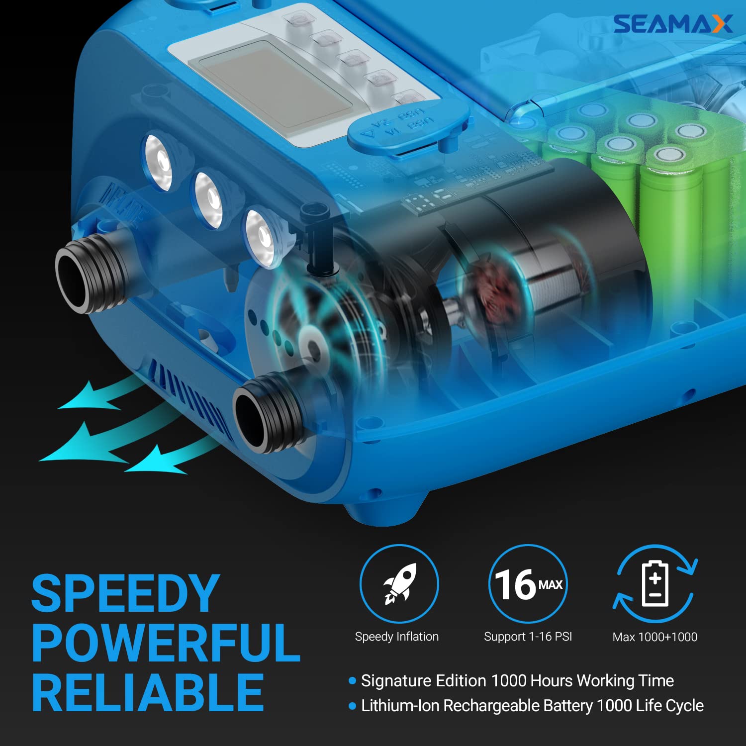 Seamax Sup 16DB PRO Double Stage 16PSI Electric Air Pump with Built-in Battery for Inflatable SUP and Boat, Intelligent Firmware with Built-in Temperature Sensor and Timer