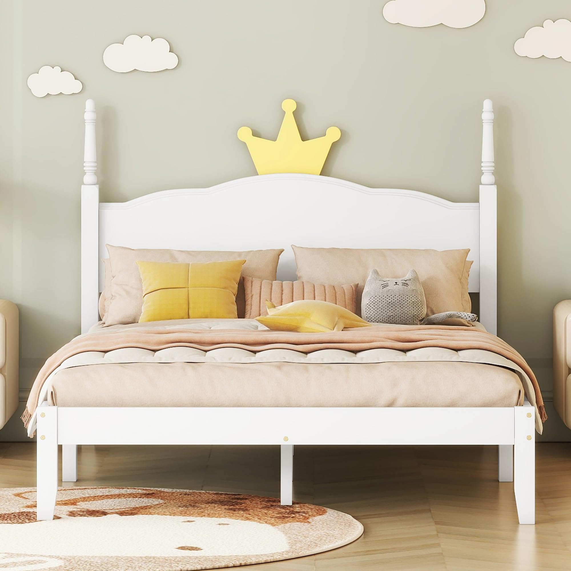 Rhomtree Full Bed Frame with Crown Shaped Headboard, Wood Full Size Platform Bed Frames with Headboard for Boy Girl Kids,No Box Spring Needed(White, Full)