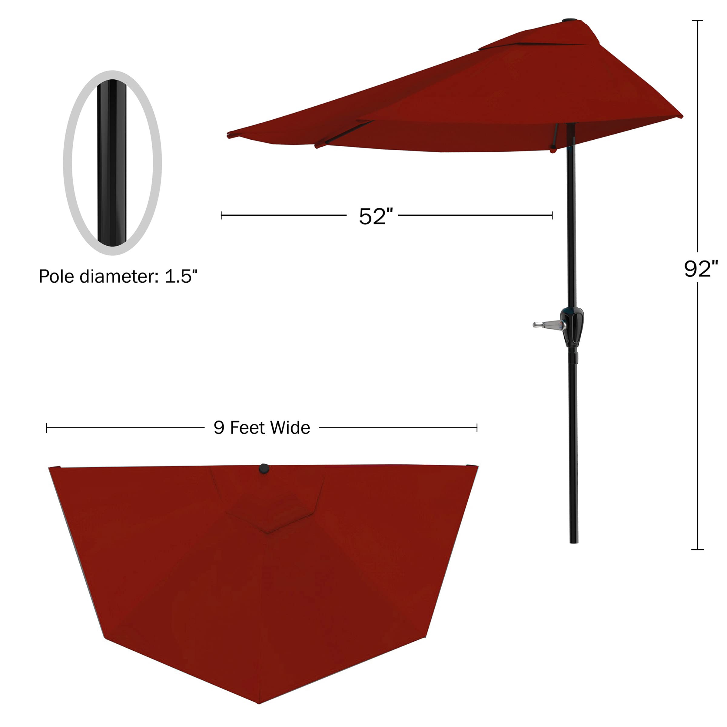 Pure Garden 9-Foot Half Patio Umbrella β Easy Crank Semicircle Opening Shade Canopy & 50-146 20 Pound Base 20 Pound Half Round Patio or Deck Umbrella
