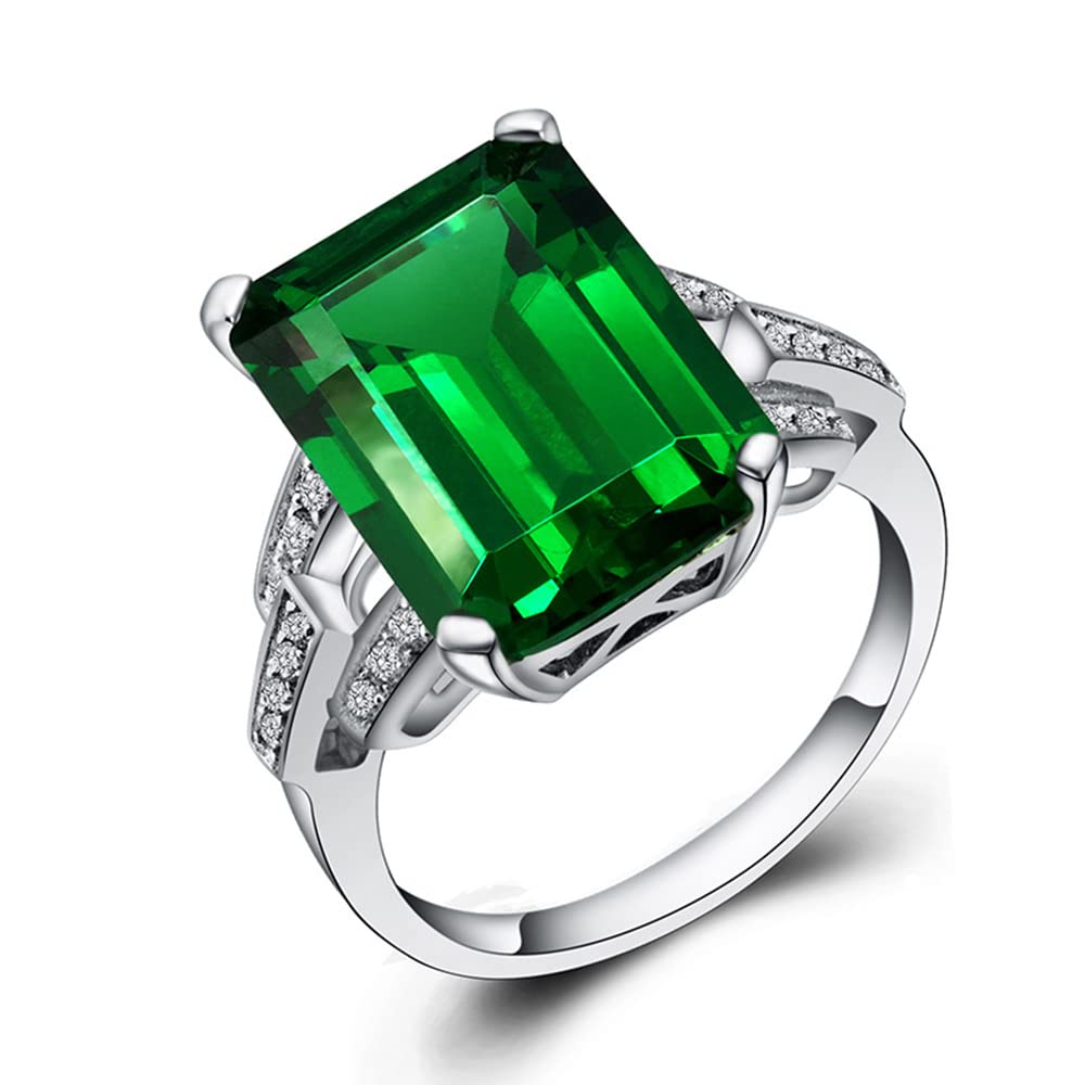 WDIYIEETN Elegant Huge Natural Solitaire Emerald Cocktail Ring 925 Sterling Silver Shiny Princess Cut Square Emerald CZ Crystal Diamond Wedding Ring for Women (8)