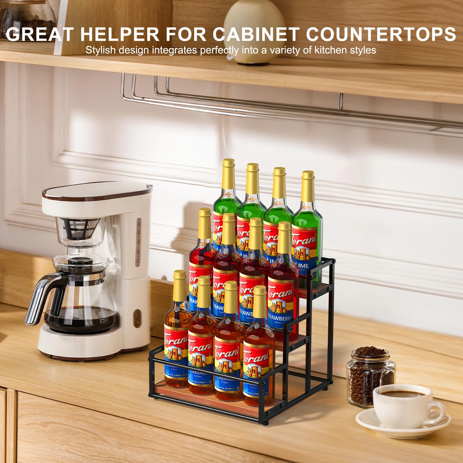 SHILFID Coffee Syrup Organizer Rack, Syrup Bottle Stand Holder for Coffee Bar, 3-Tier 12 Bottles Storage Display Shelves for Syrup, Liquor Wine, Dressing Cocktail in Kitchen Coffee Countertop