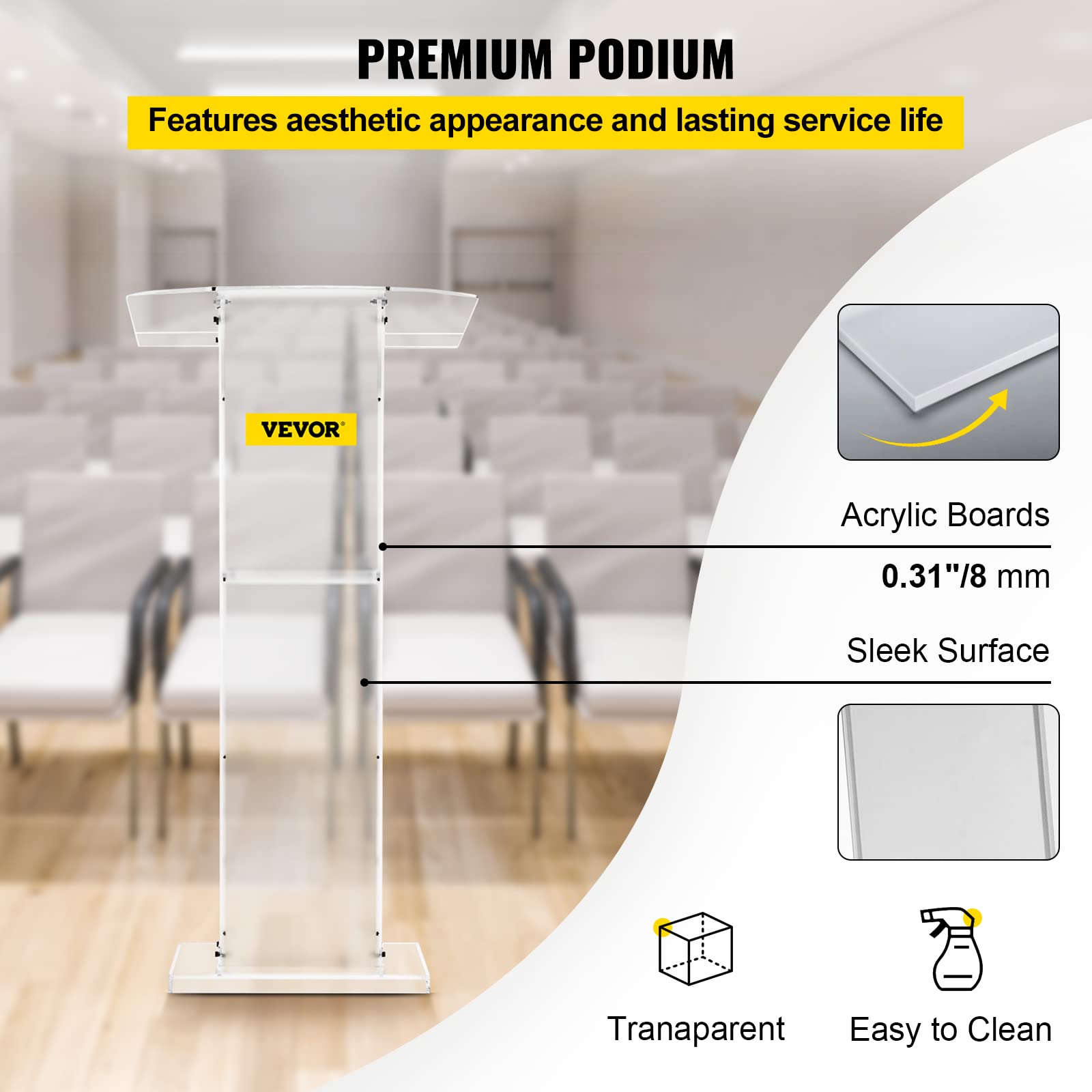 VEVOR Acrylic Podium 47.5" Tall Plexiglass Podium 26.8"x14.3" Table Acrylic Pulpits for Churches 8 mm Thick Acrylic Board Acrylic Podiums and Lecterns Design for Lecture Recital Speech & Presentation