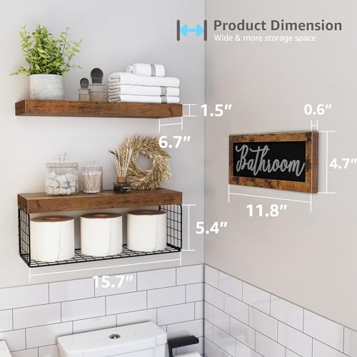 QEEIG Bathroom Decor Shelves Over Toilet - Farmhouse Decorations Aesthetic Décor Sign Small Floating Wall Shelf Paper Storage 2+1 Set 16 inch, Rustic Brown (020BN)
