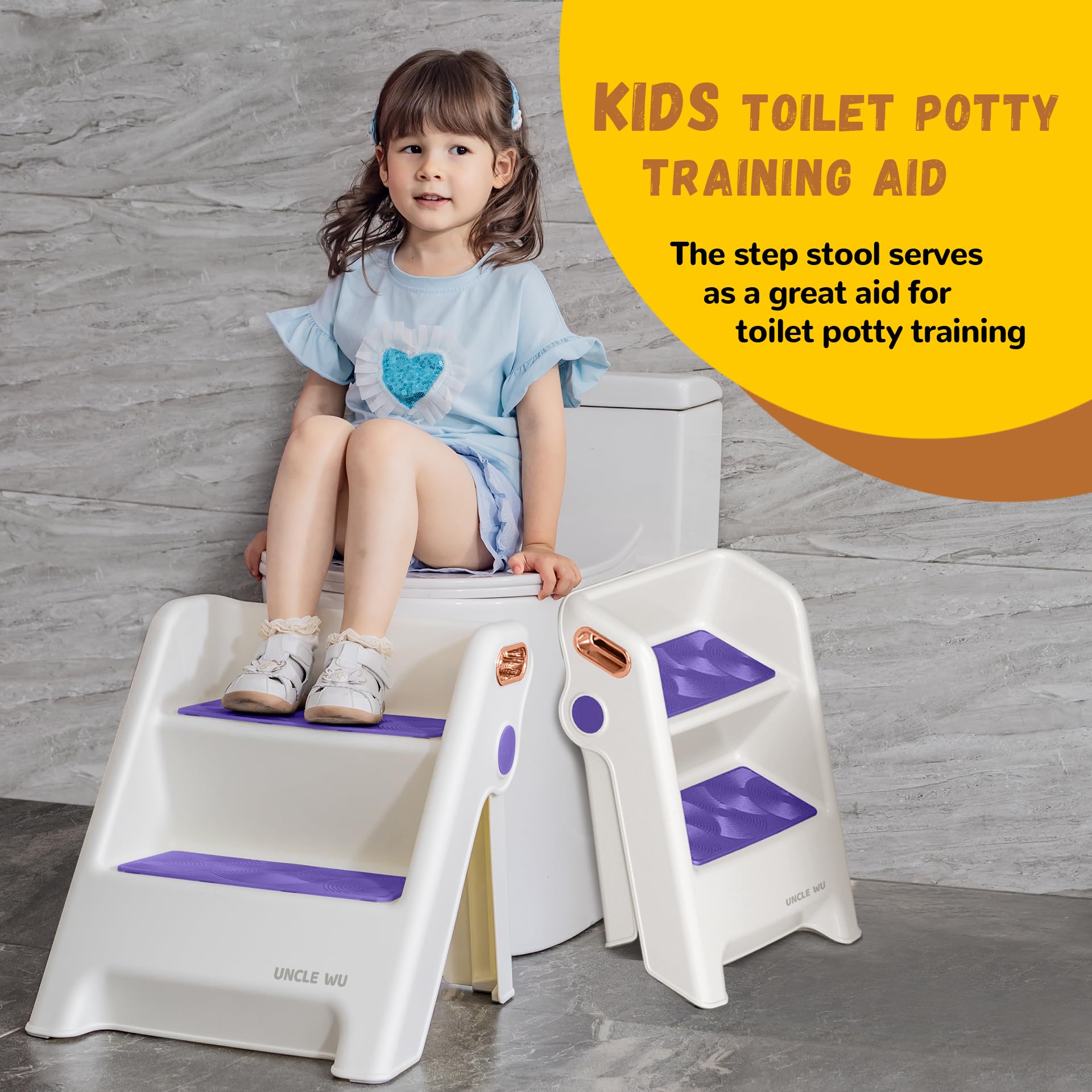 UNCLE WU Foldable 2-Step Stool for Kids - 11.2" Height, Anti-Slip, Safety Handles,Durable - Perfect for Potty Training, Bathroom Sink,Kitchen Stand Stool & Bedroom Step Stool