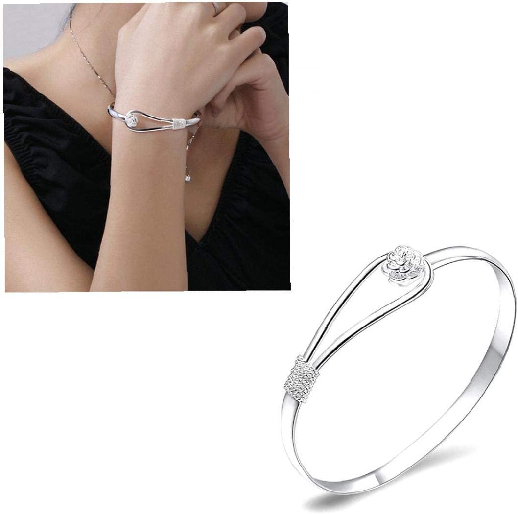XIFAM Women's Rose Flower Bangle, Sterling Silver 925 Solid Bangle, Durable and Practical