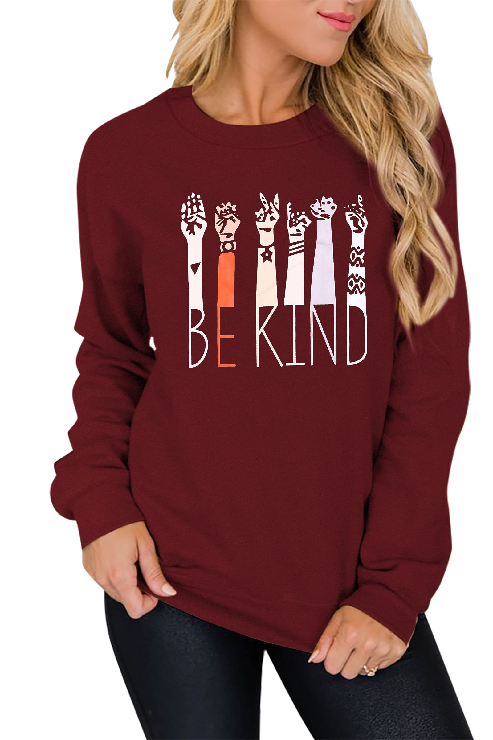 Womens Be Kind Sweatshirt Funny Graphic Tees Sign Language Teachers Interpreter ASL Shirts (Red, Medium)