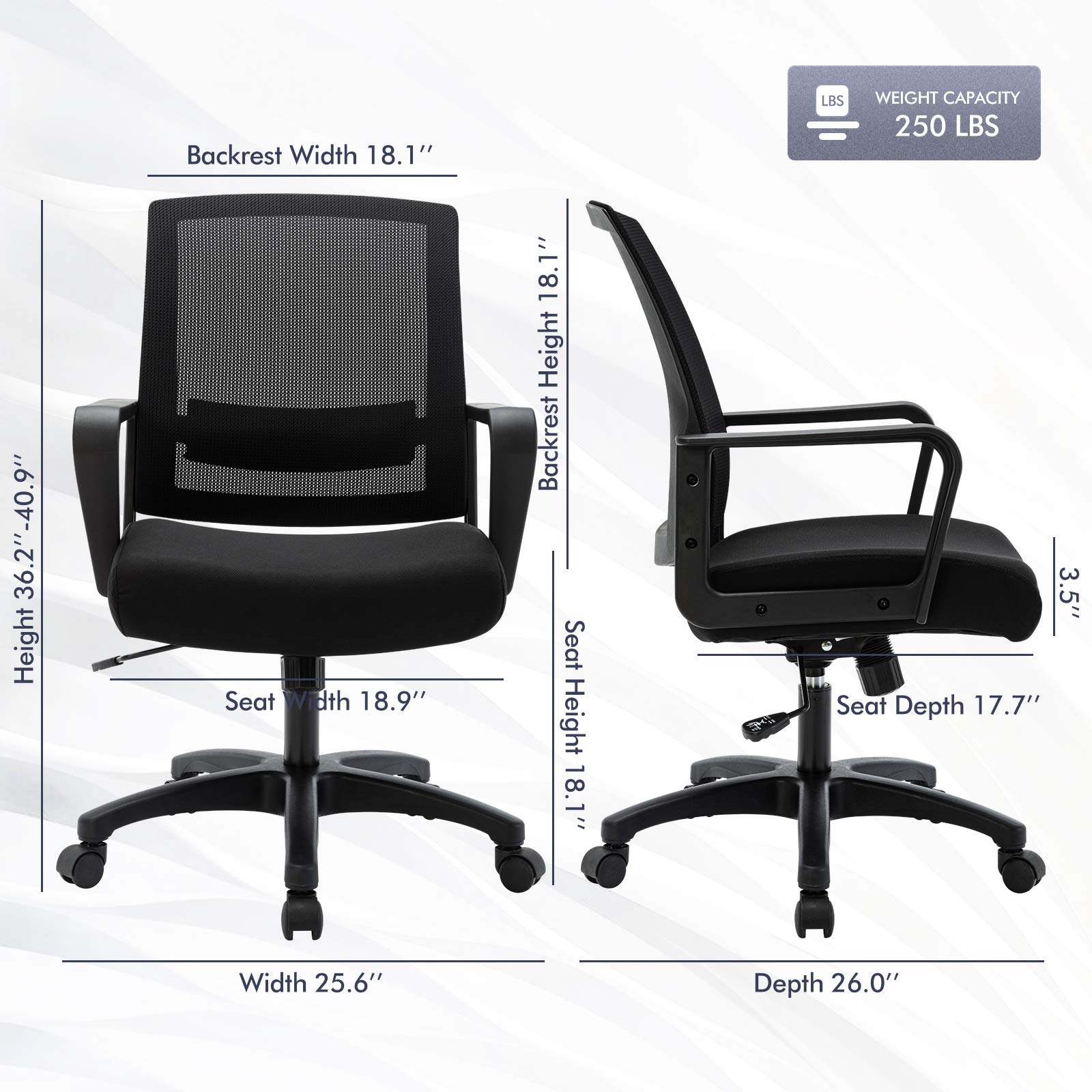 STARSPACE Mesh Office Chair with Adjustable Lumbar Support, Thicken Wide Seat Mid-Back Computer Desk Chair Adjustable Height Swivel Base Swing Modern Task Chair for Home Office Conference Room, Black