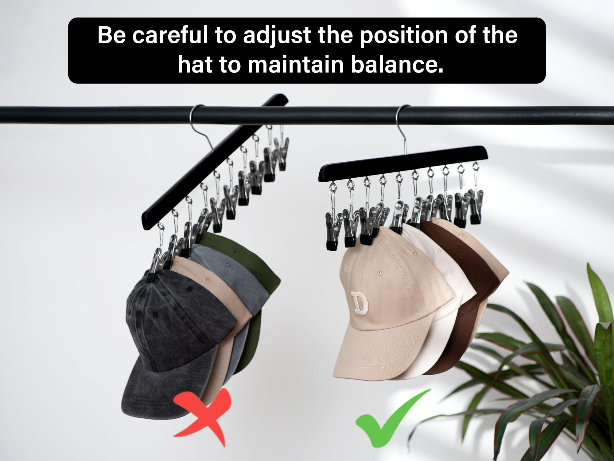 StorageWorks Hat Organizer, Hat Storage for Closet, Hat Racks for Baseball Caps, Set of 2 Cap Organizer with 10 Adjustable Stainless Steel Clips, Fits All Caps, Black