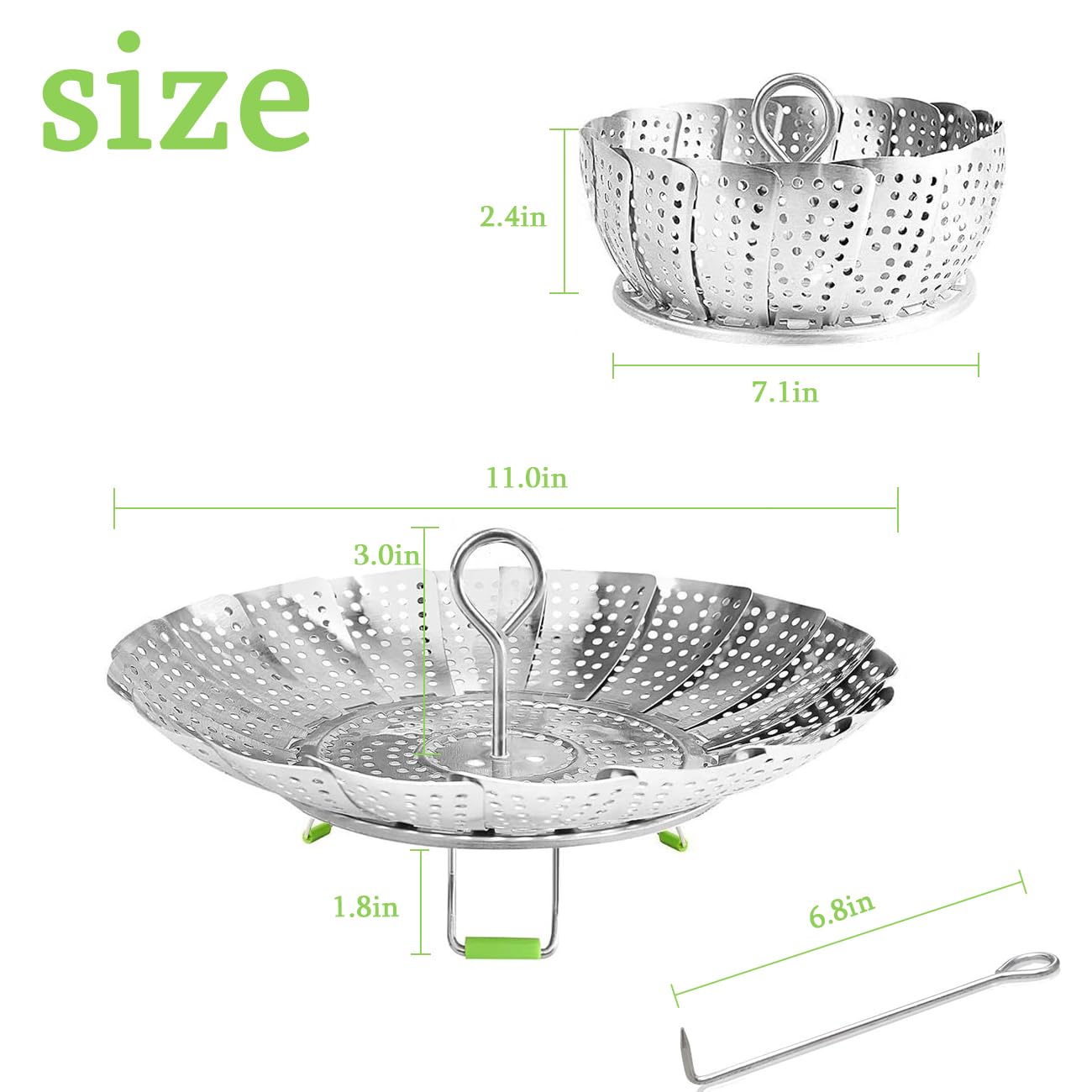 Steamer Basket Stainless Steel Vegetable Basket Metal Handle Folding Silicone Feet Steamer Insert for Cooking Veggies Fish Seafood Include Safety Tool,Fit Various Pot Pressure Cooker (7" to 11")