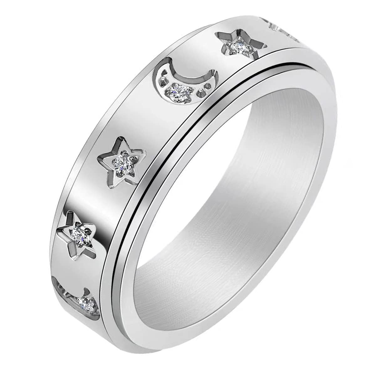 yfstyle Star Moon Spinner Ring 6mm Stainless Steel Fidget Anxiety Ring with Cubic Zircon Sliver Engagement Promise Band Ring Size Silver B-10