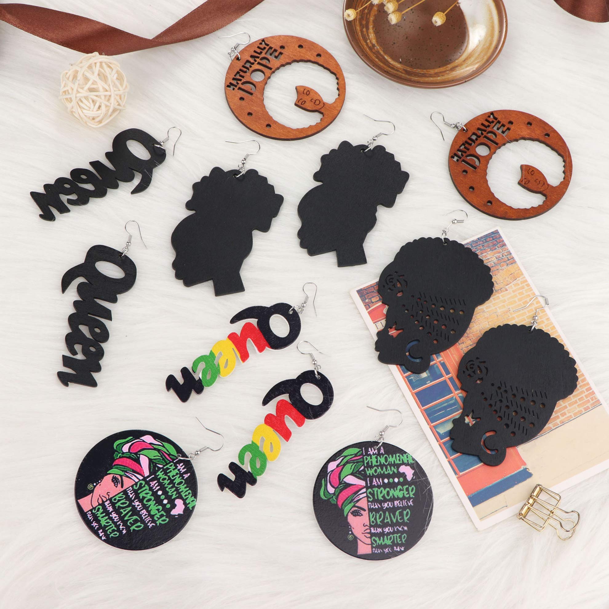 Sailimue 6 Pairs Round African Wooden Earrings for Women Drop Dangle Earrings Natural Ethnic Style Queen Earrings
