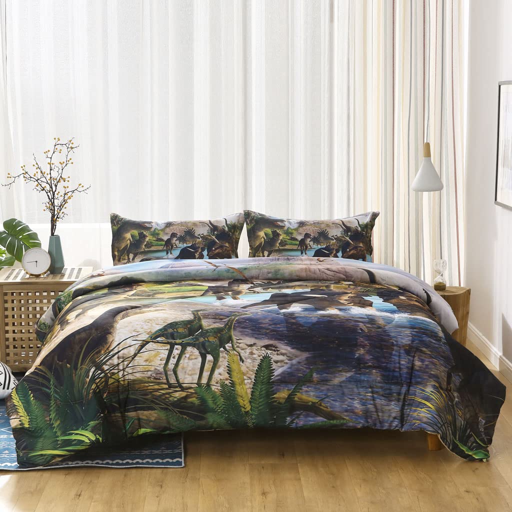 SIRDO 3 Piece Bed Sets for Boys Kids Twin Size 3D Dinosaur Prints Comforter Sets-Super Soft Fade Resistant Microfiber Duvet Sets
