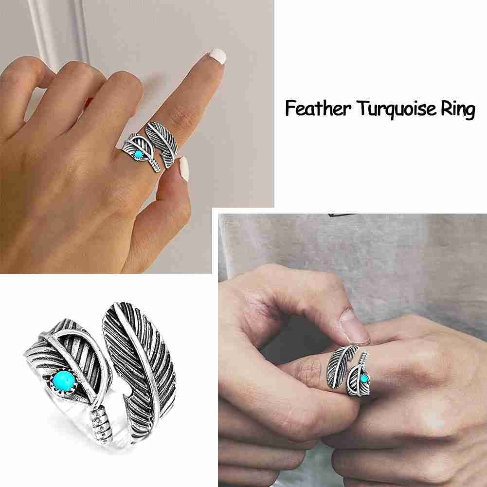 weeee Stainless Steel Feather Turquoise Ring Feather Boho Wide Nature Ring Adjustable Silver Turquoise Feather Ring for Women Men