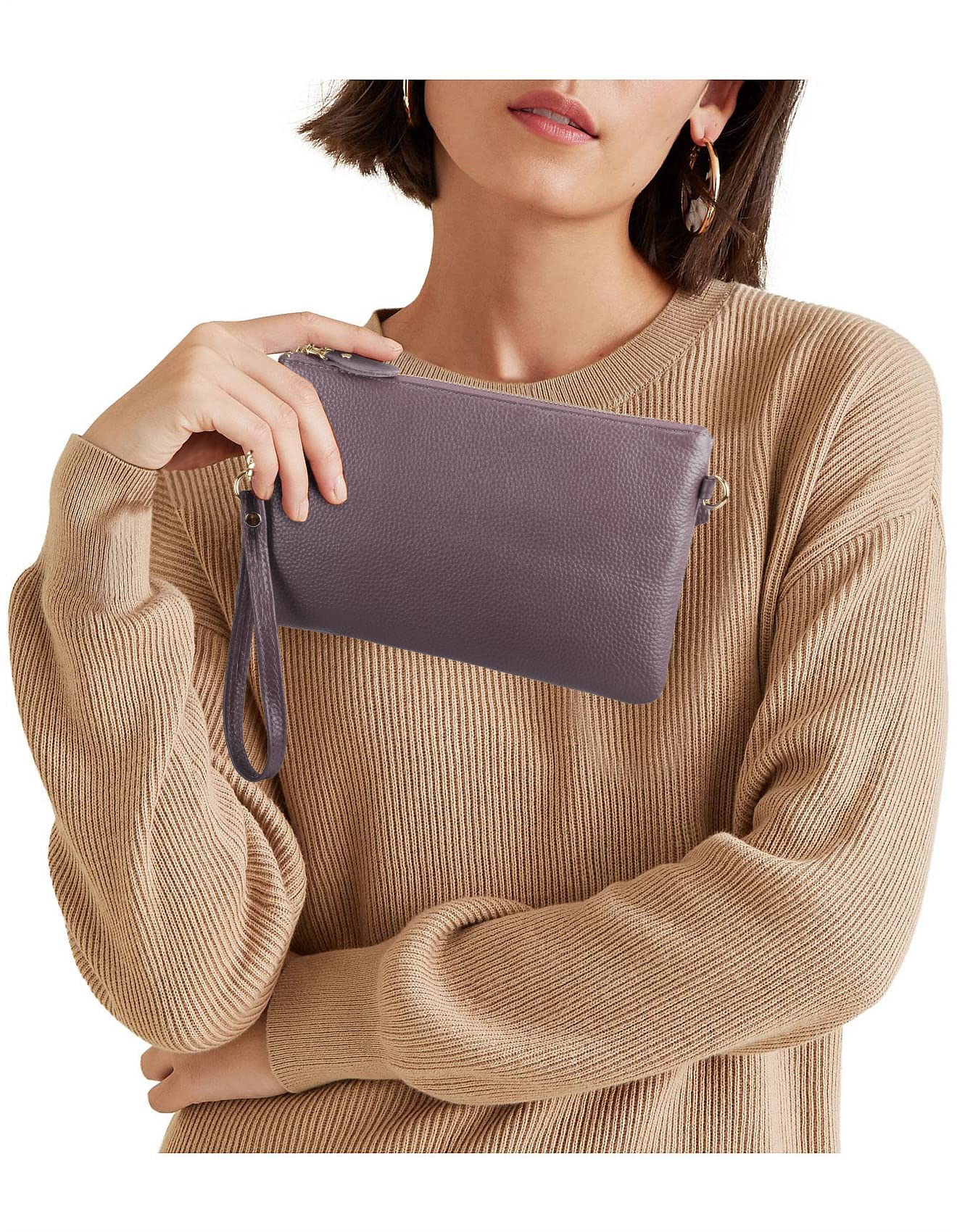 YALUXE Women Wristlet Clutch Genuine Full Grain Leather Crossbody Purse Smartphone Signature Wallet Strap