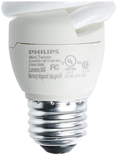 Philips LED 414045 Energy Saver Compact Fluorescent T2 Twister (A19 Replacement) Household Light Bulb: 5000-Kelvin, 13-Watt (60-Watt Equivalent), E26 Medium Screw Base, Daylight, 6-Pack