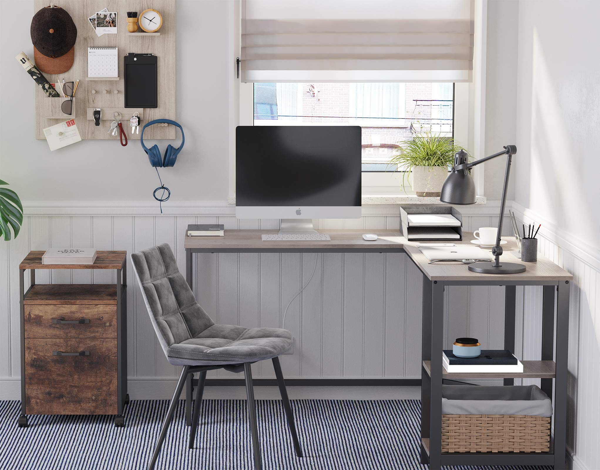 VASAGLE L-Shaped Computer Desk and Rolling File Cabinet Bundle, Writing Desk, Filing Cabinet with 2 Drawers, Industrial Style, for Home Office, Greige and Black ULWD72MB and UOFC071B02