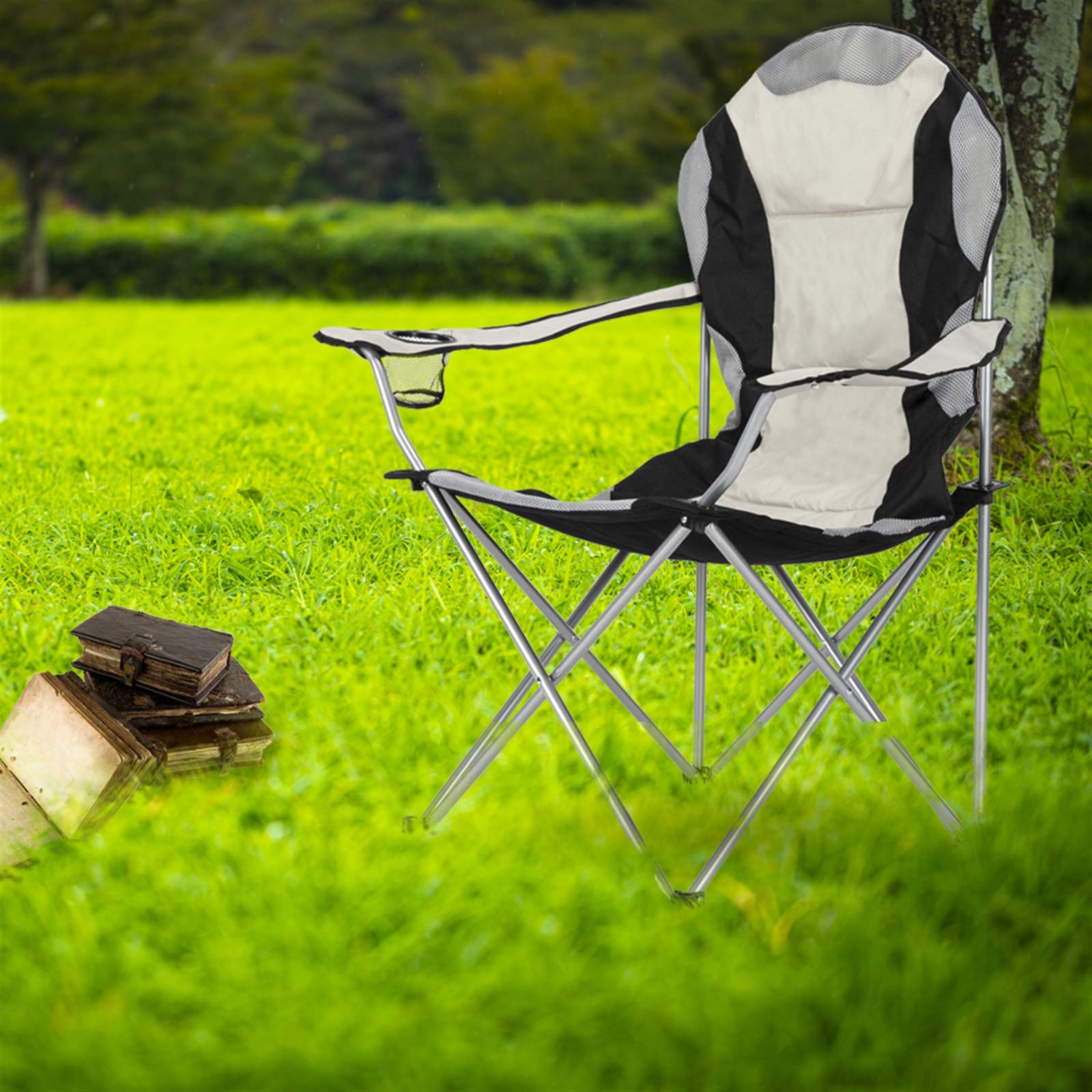 Vasitelan Outdoor Camping Chair with Back Support, Padded Lawn Chairs Folding Arm Chair with Bag, Cup Holder
