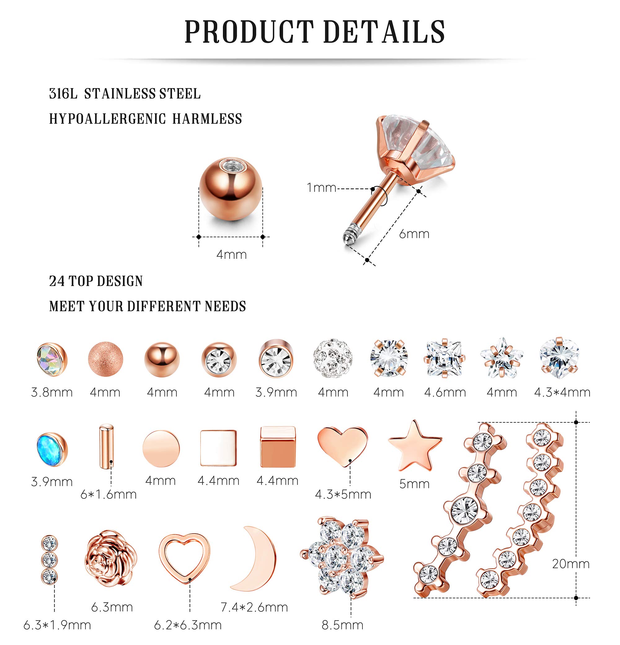 Subiceto 24 Pcs 18G Cartilage Stud Earrings for Women Stainless Steel Cz Helix Tragus Labret Ear Body Piercing