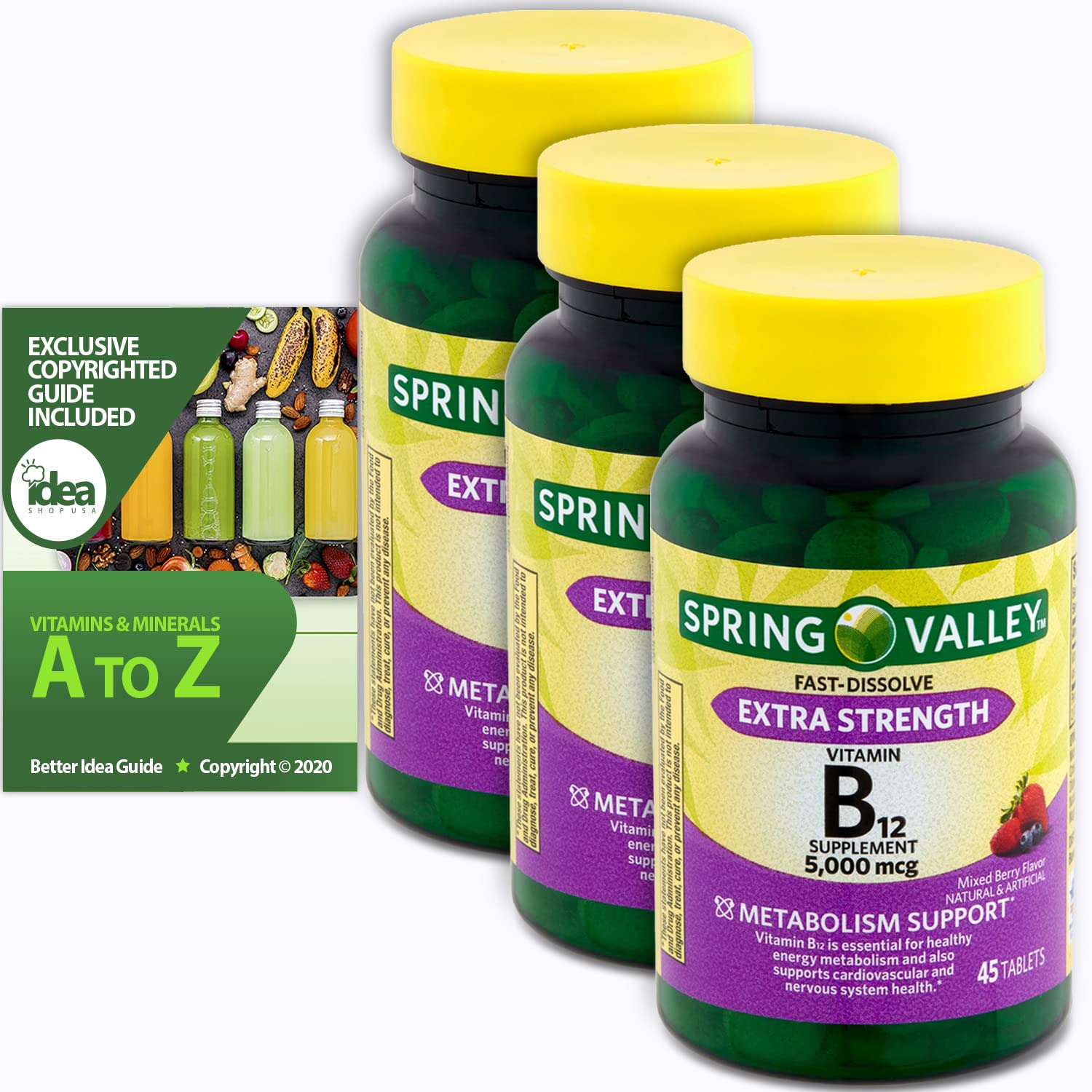 Vitamin B12 Fast Dissolve Tablets by Spring Valley, 5000 mcg, 45 Ct (3 Pack) Bundle with Exclusive Vitamins & Minerals - A to Z - Better Idea Guide (4 Items)